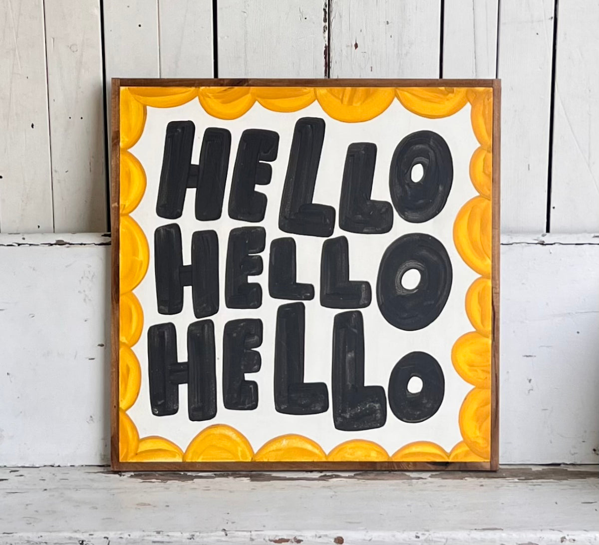 25x25 “HELLO HELLO HELLO” Hand-Painted Sign – Little Red Porch Signs